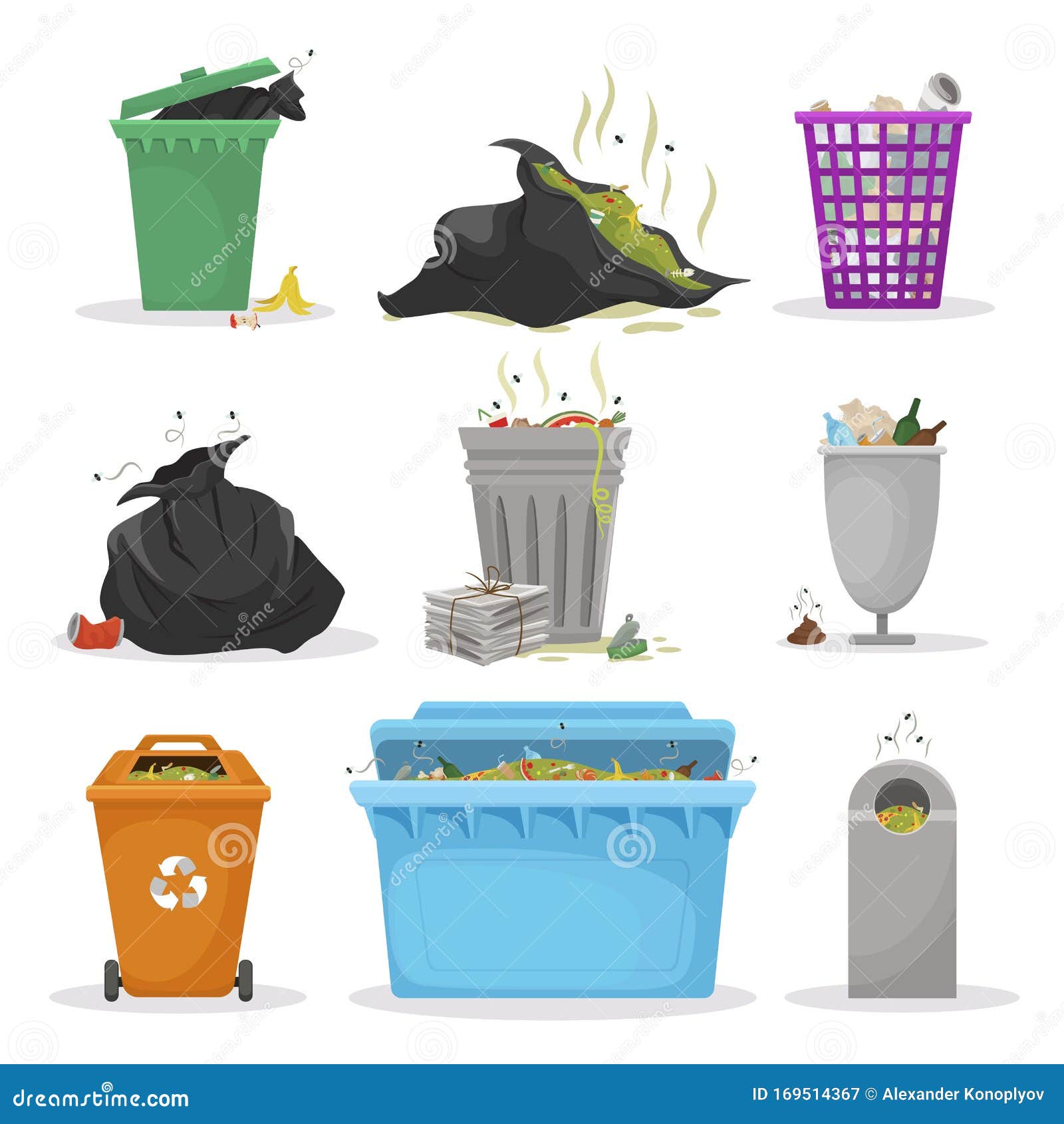 Different Garbage Containers Flat Vector Illustrations Set Stock Vector ...