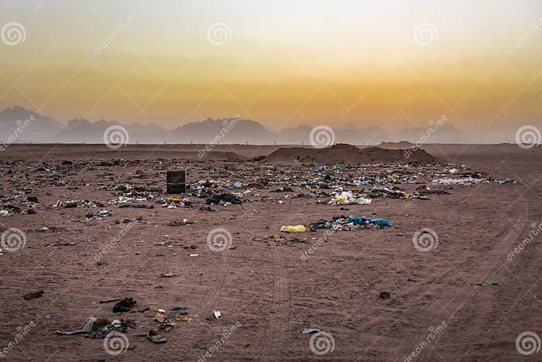 Different Garbage in Desert at Sunset Stock Image - Image of industrial ...