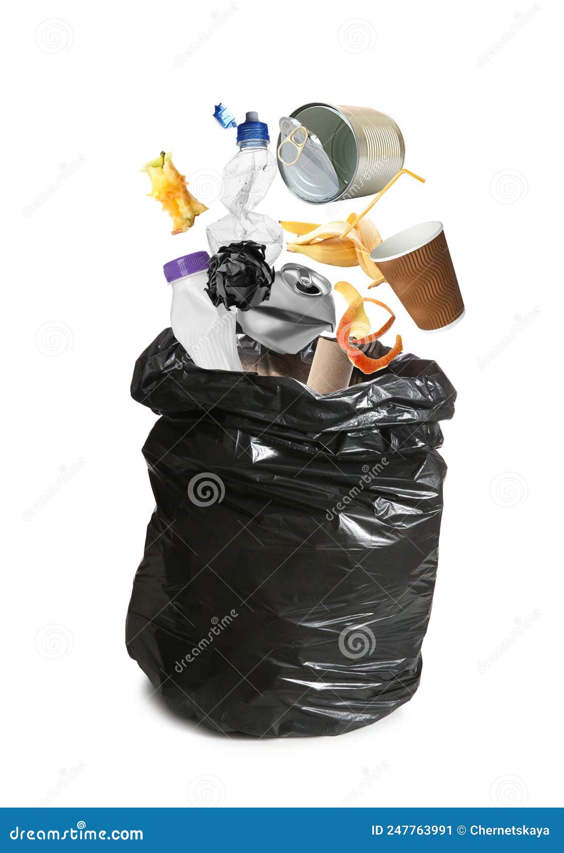 Different Garbage Falling into Trash Bag on White Background Stock ...