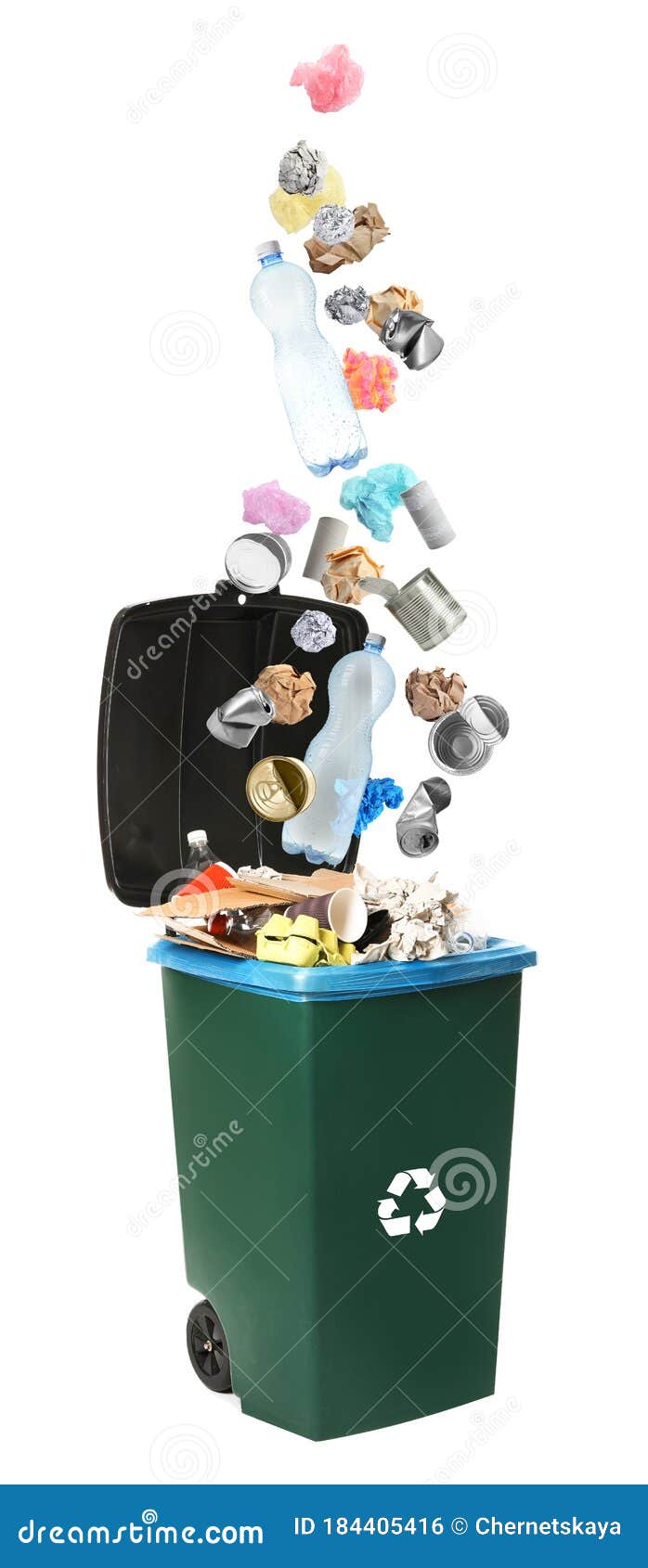 Garbage Falling into Trash Bin. Waste Management and Recycling Stock ...