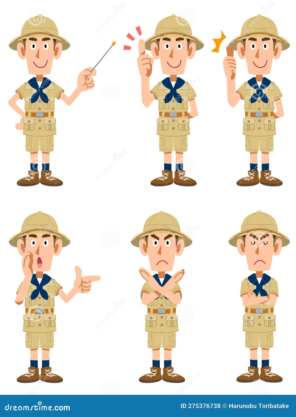 6 Different Gestures and Facial Expressions of Men in Explorer Clothes ...