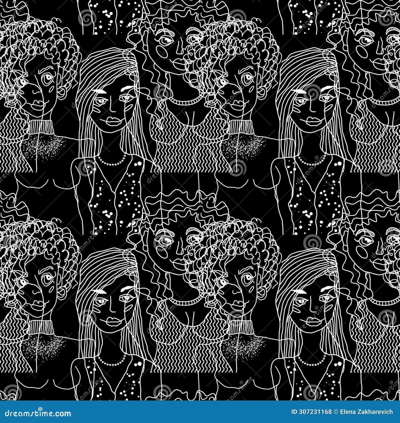 Different Girls. Black And White Hand Drawn Line Art. Inversion Royalty ...