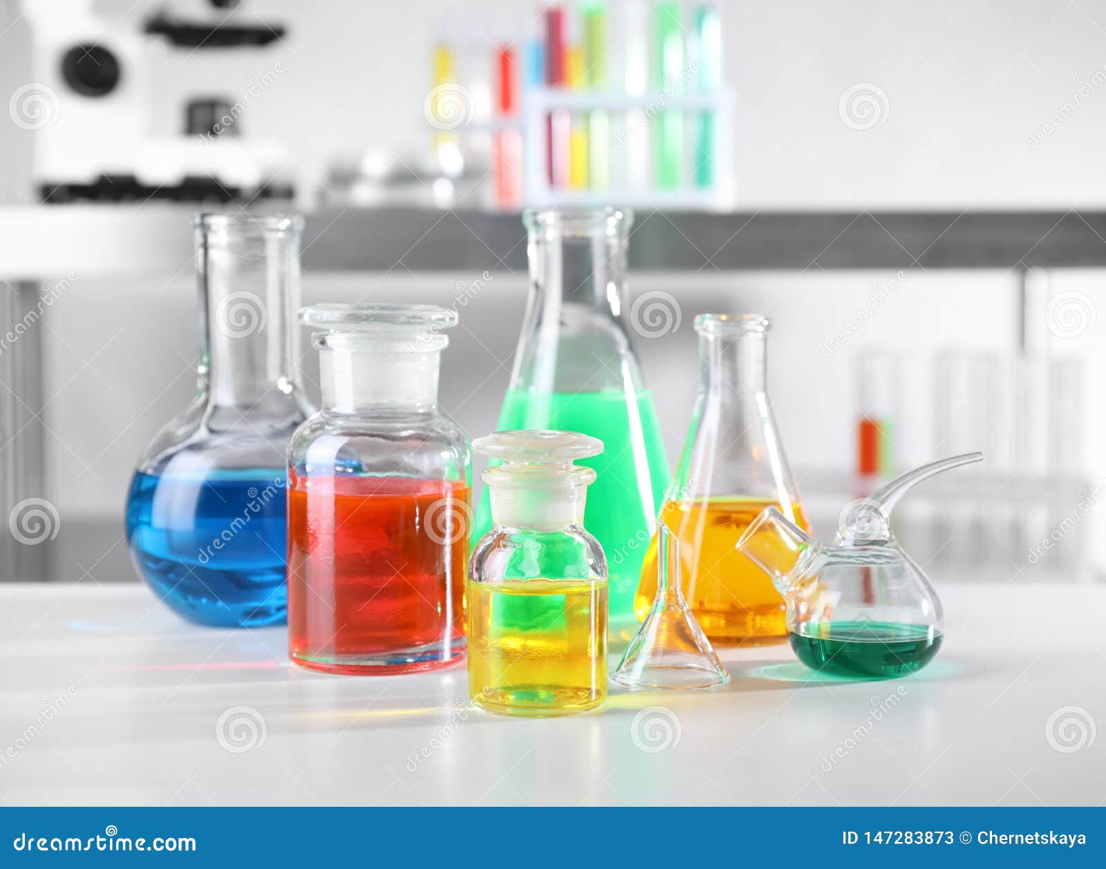 Different Glassware with Samples in Chemistry Laboratory Stock Image ...