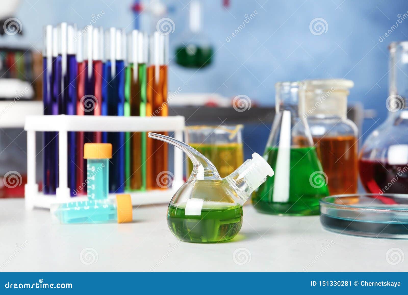 Different Glassware with Samples on Table Stock Image - Image of ...