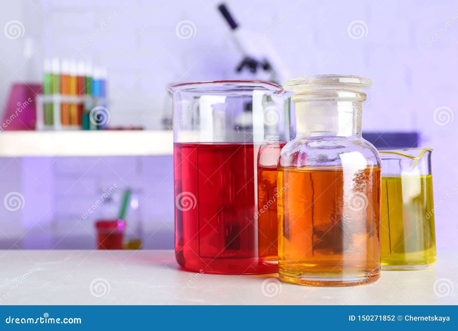 Different Glassware with Samples on Table in Chemistry Laboratory Stock ...
