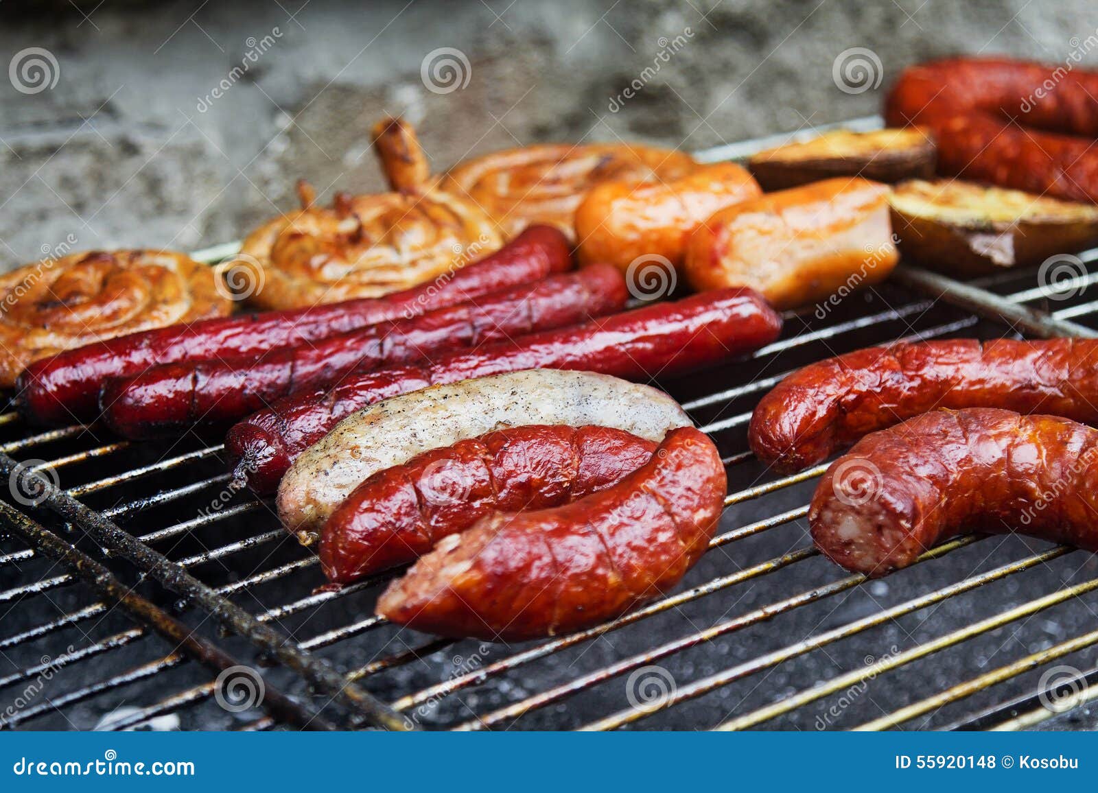 Different Grilled Sausages and Wurst on Big Grill. Stock Photo - Image ...
