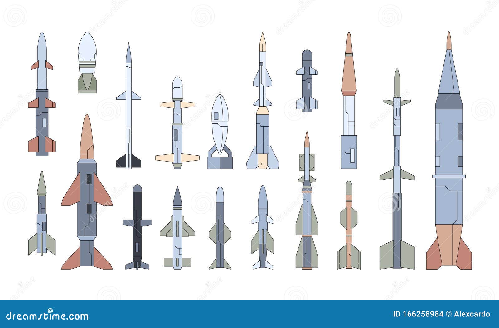 Military Missilery Rocket Of Different Types Set. Army Engine Weapon ...