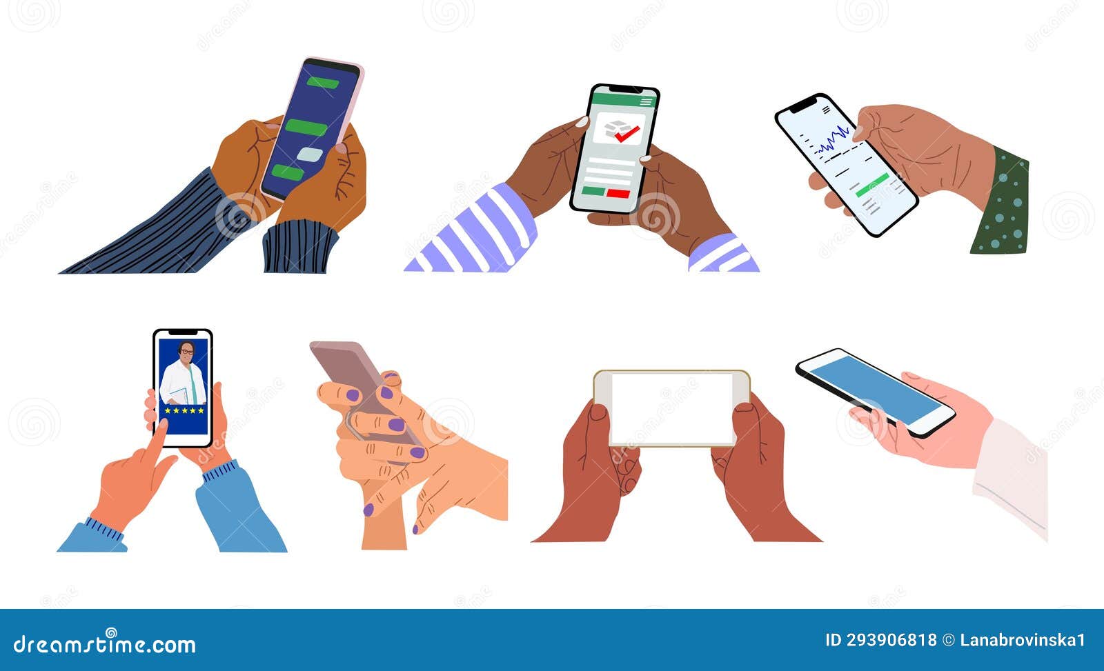 Different Hands Holding Mobile Phones Vector Set. Stock Vector ...