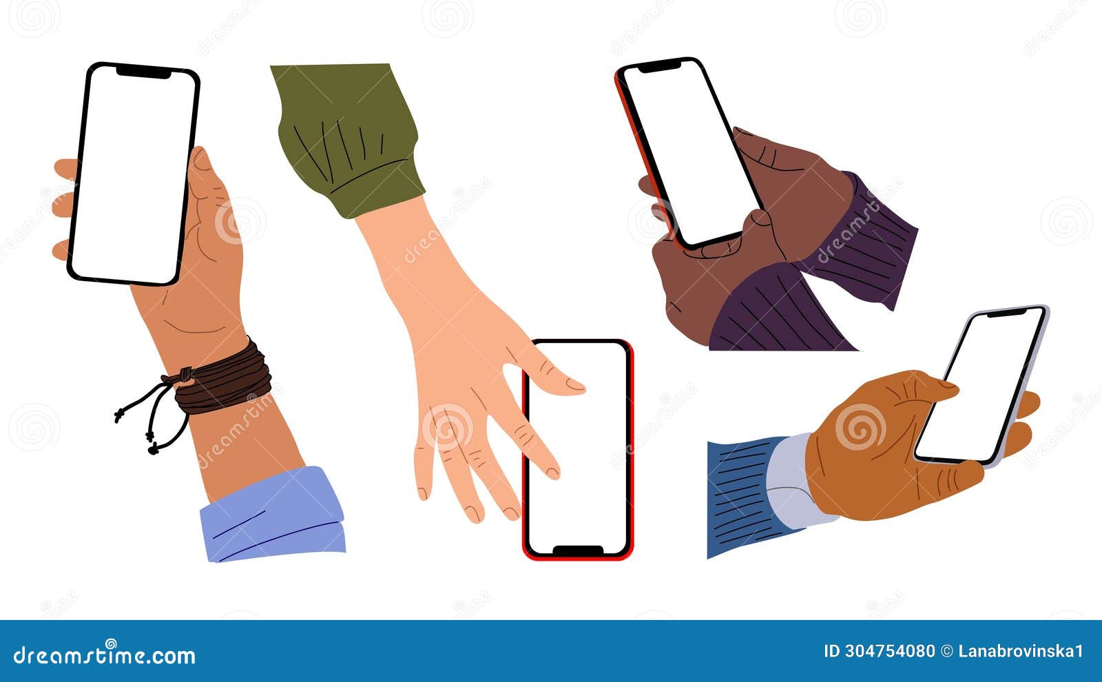Different Hands Holding Mobile Phones Vector Set. Stock Illustration ...
