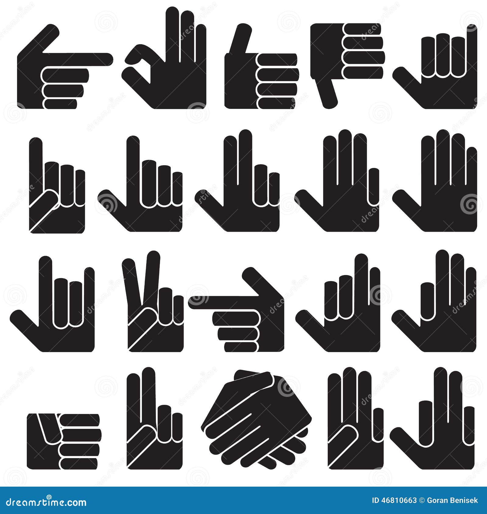 Different Hands Gestures Of Human, Set Of Black Line Icons Isolated On ...