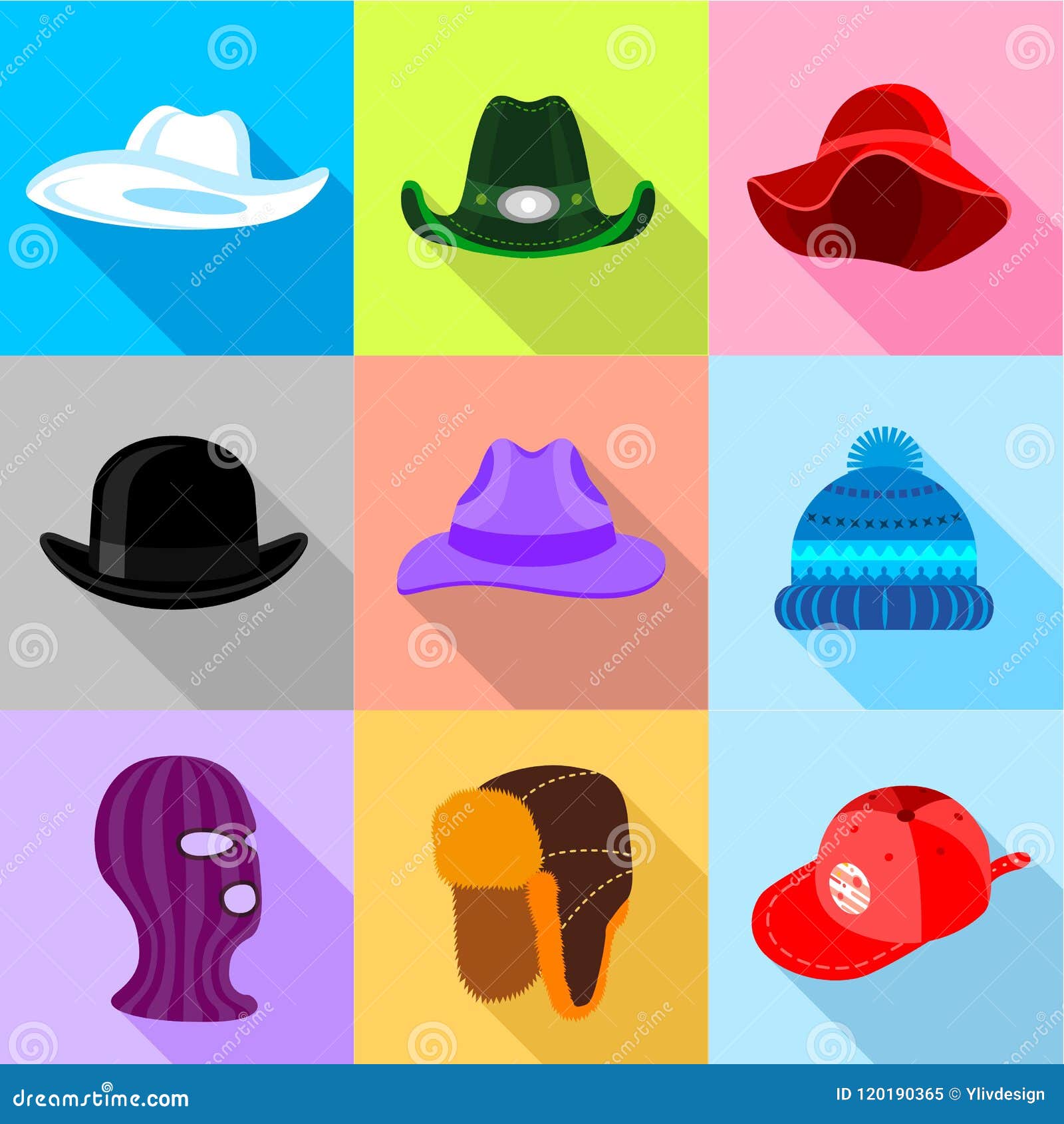 Different Hat Icons Set, Flat Style Stock Vector - Illustration of ...