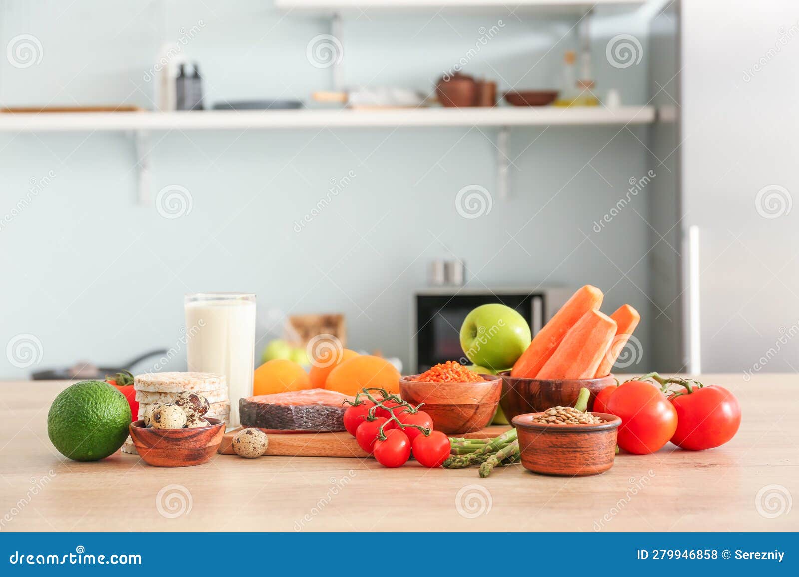 Different Healthy Food on Table in Kitchen Stock Photo - Image of ...