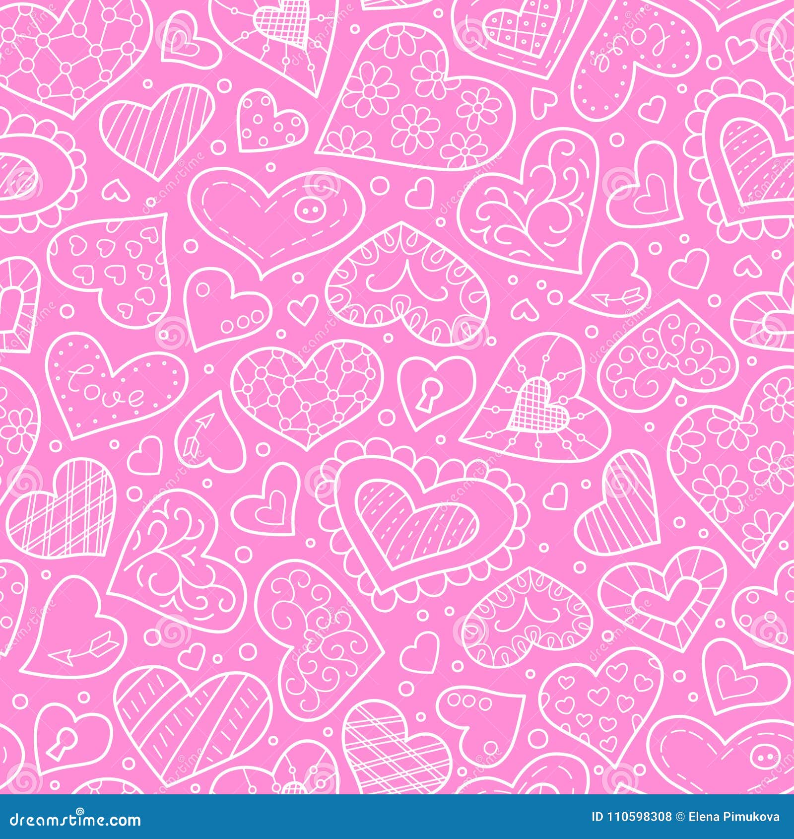 Different Hearts in Doodle and Cartoon Style. Seamless Pattern. Pink ...