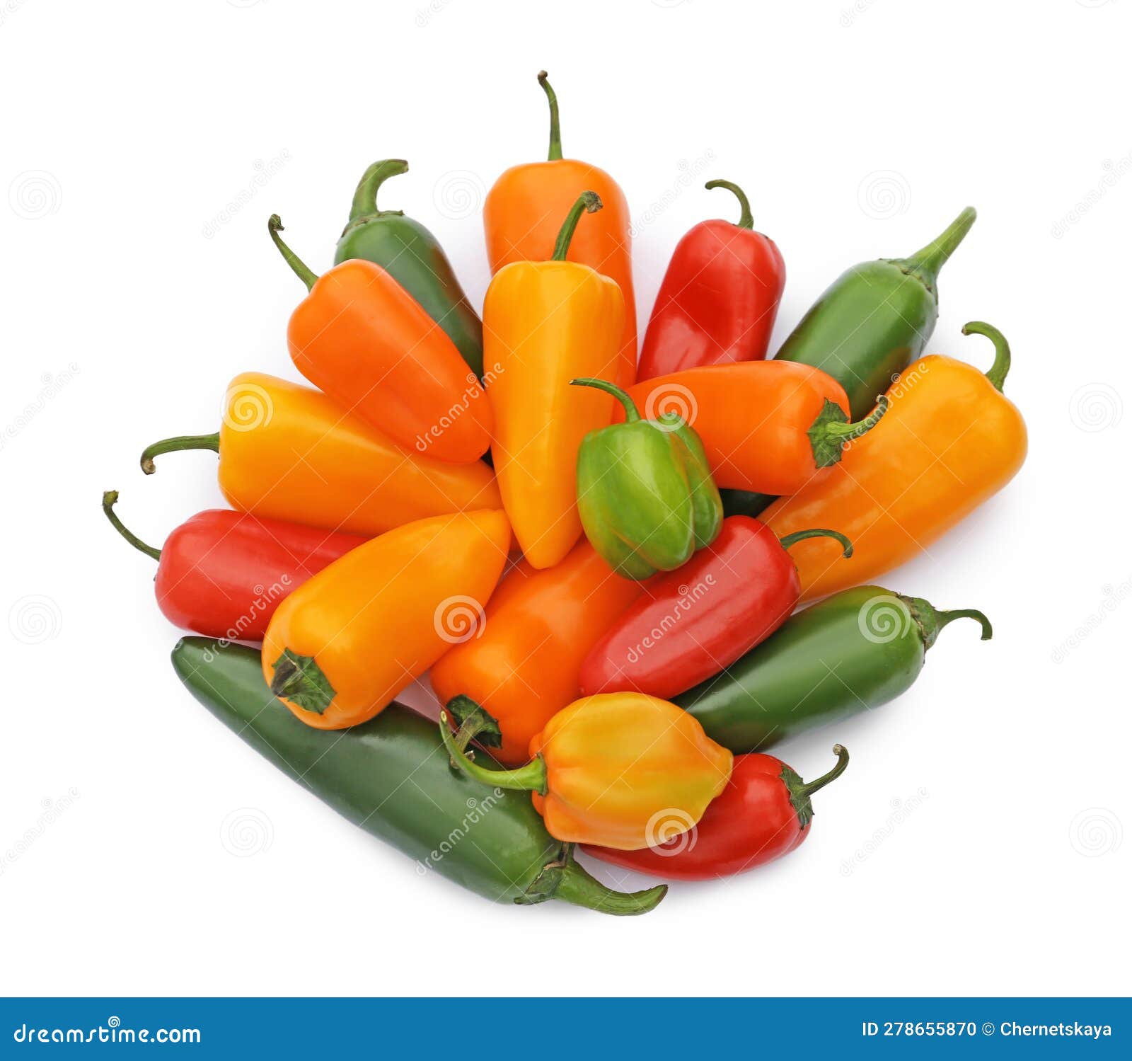 Different Hot Chili Peppers Isolated on White, Top View Stock Photo ...