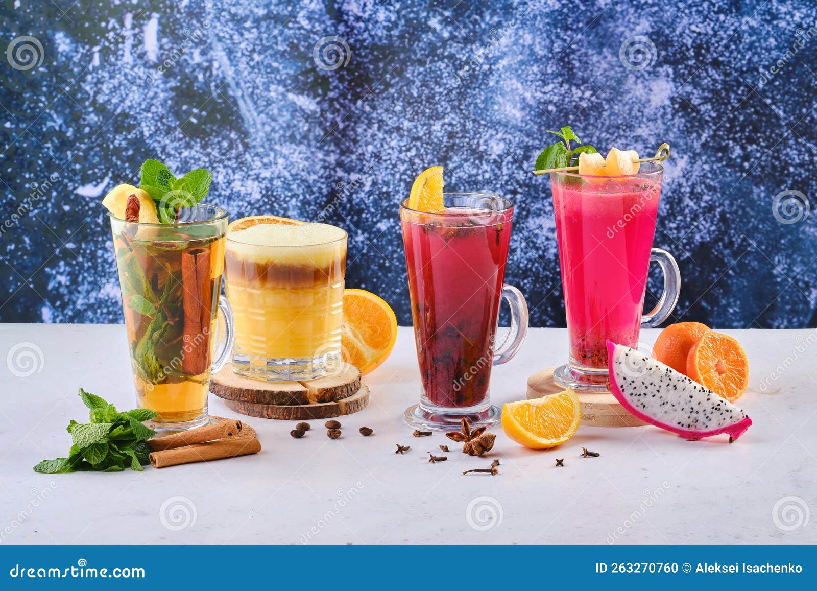 Different Hot Winter Drinks with Fruits and Herbs Stock Photo - Image ...