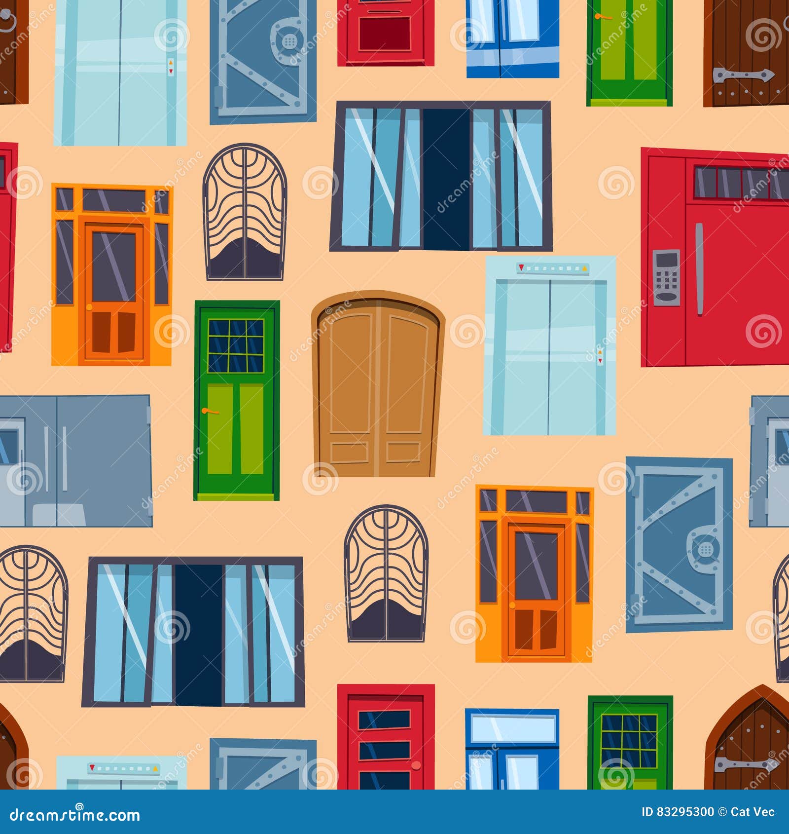 House Doors. Cartoon Front Entrance. Exterior Wall Doorsteps With ...