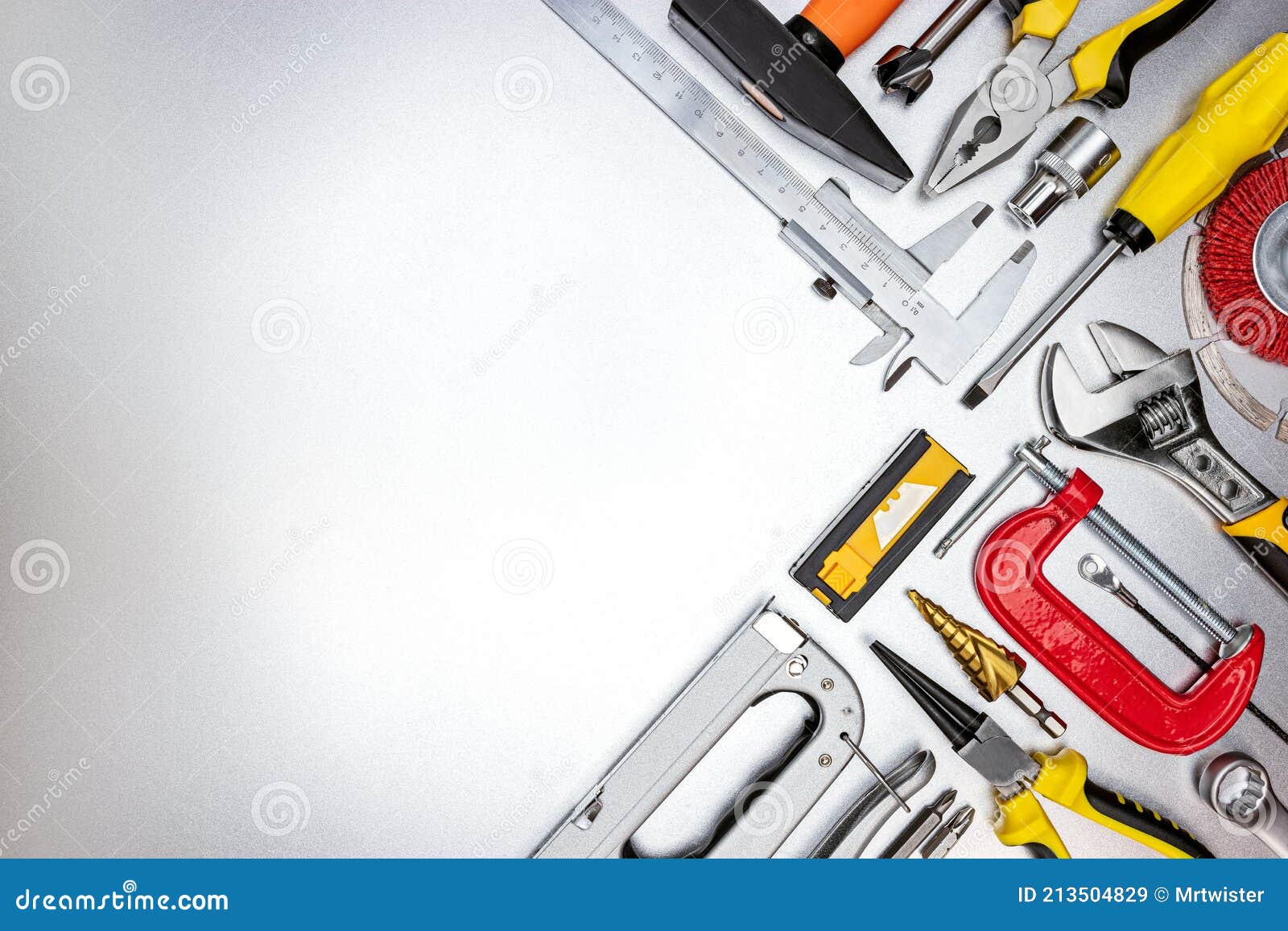 Different Industrial Hand Tools on Grey Metal Surface. Top View, Copy ...