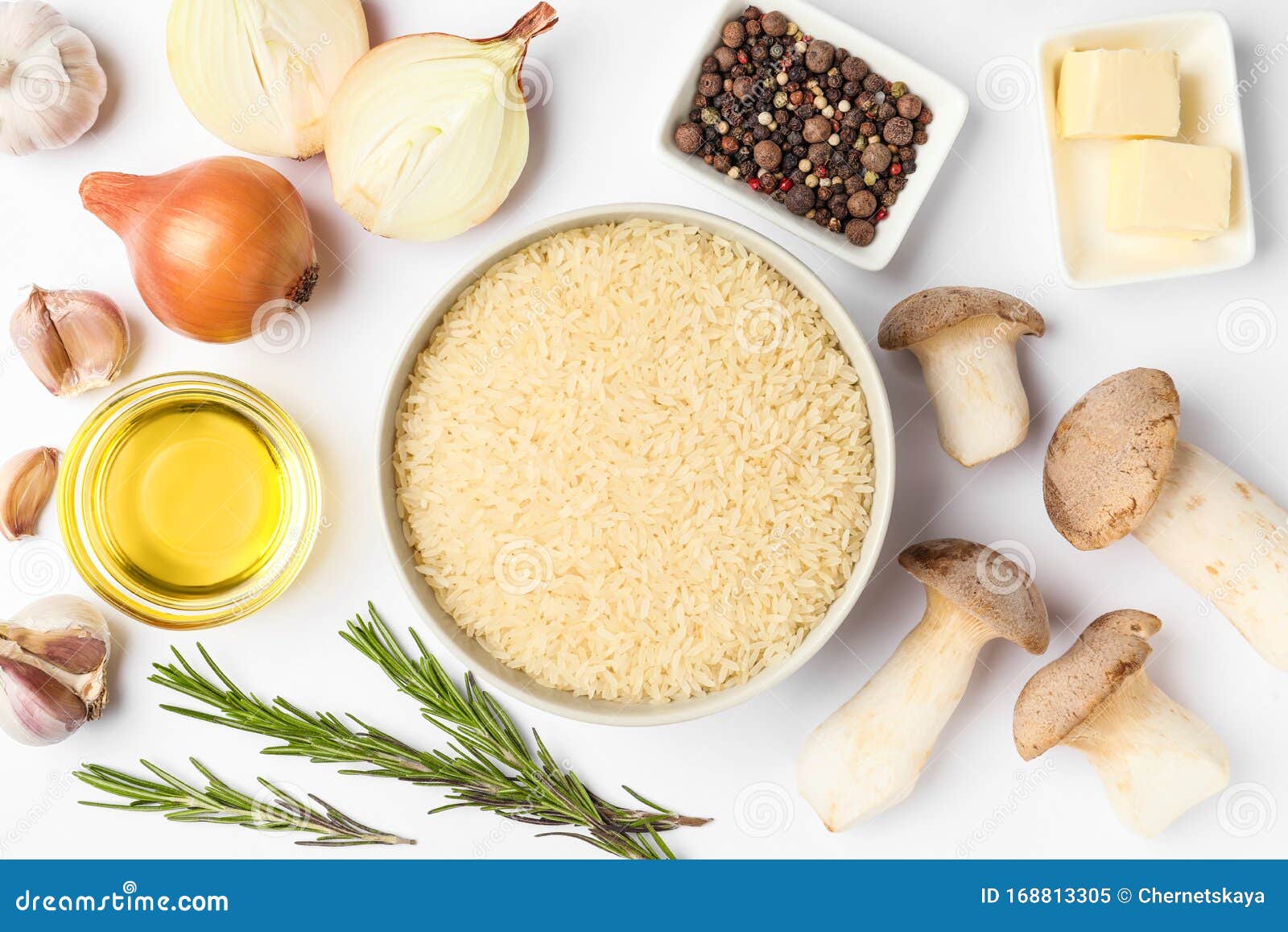 Different Ingredients on White Background. Risotto Recipe Stock Image ...