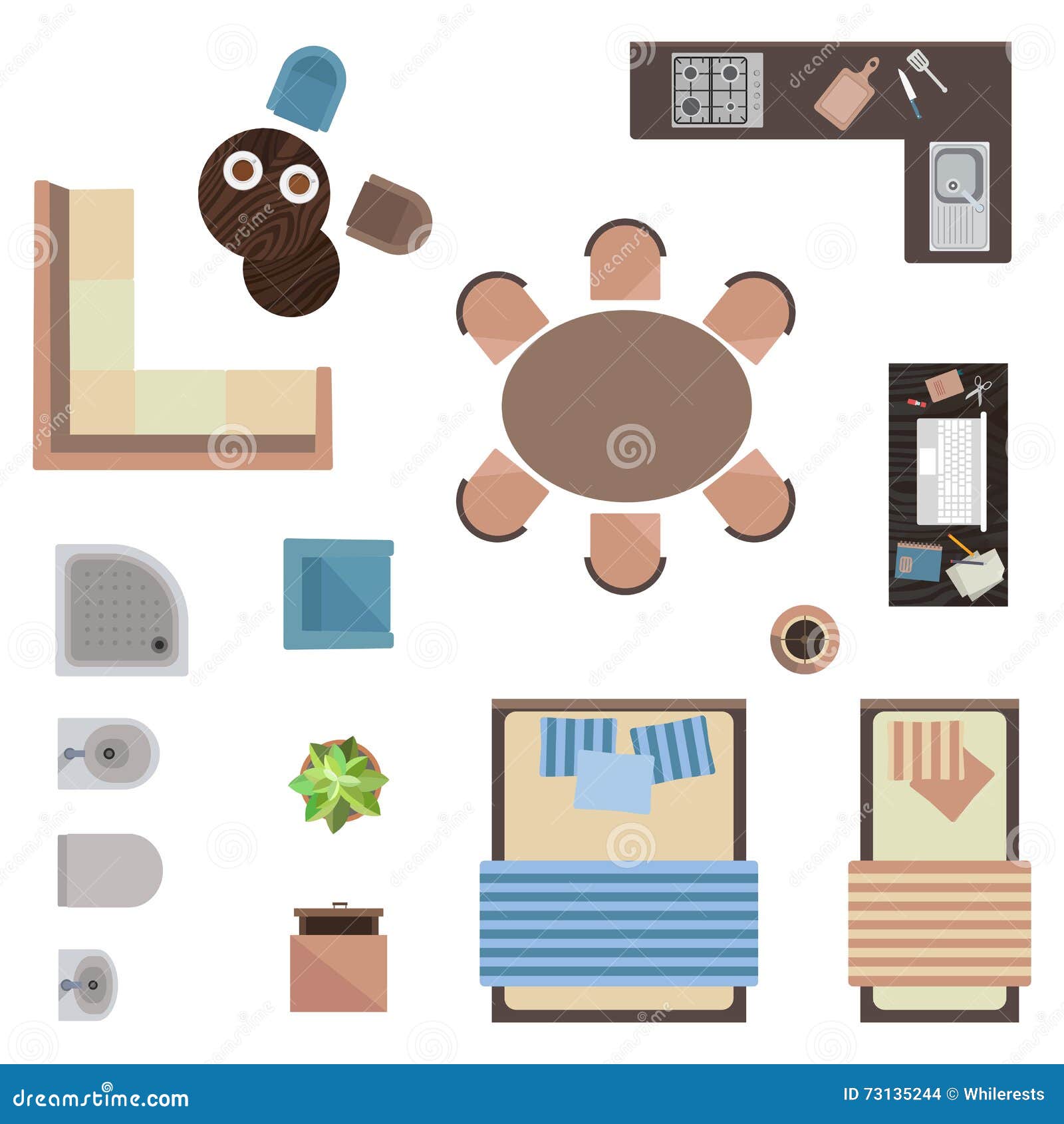 Different Interior Icons Top View on White. Vector Illustration Stock ...