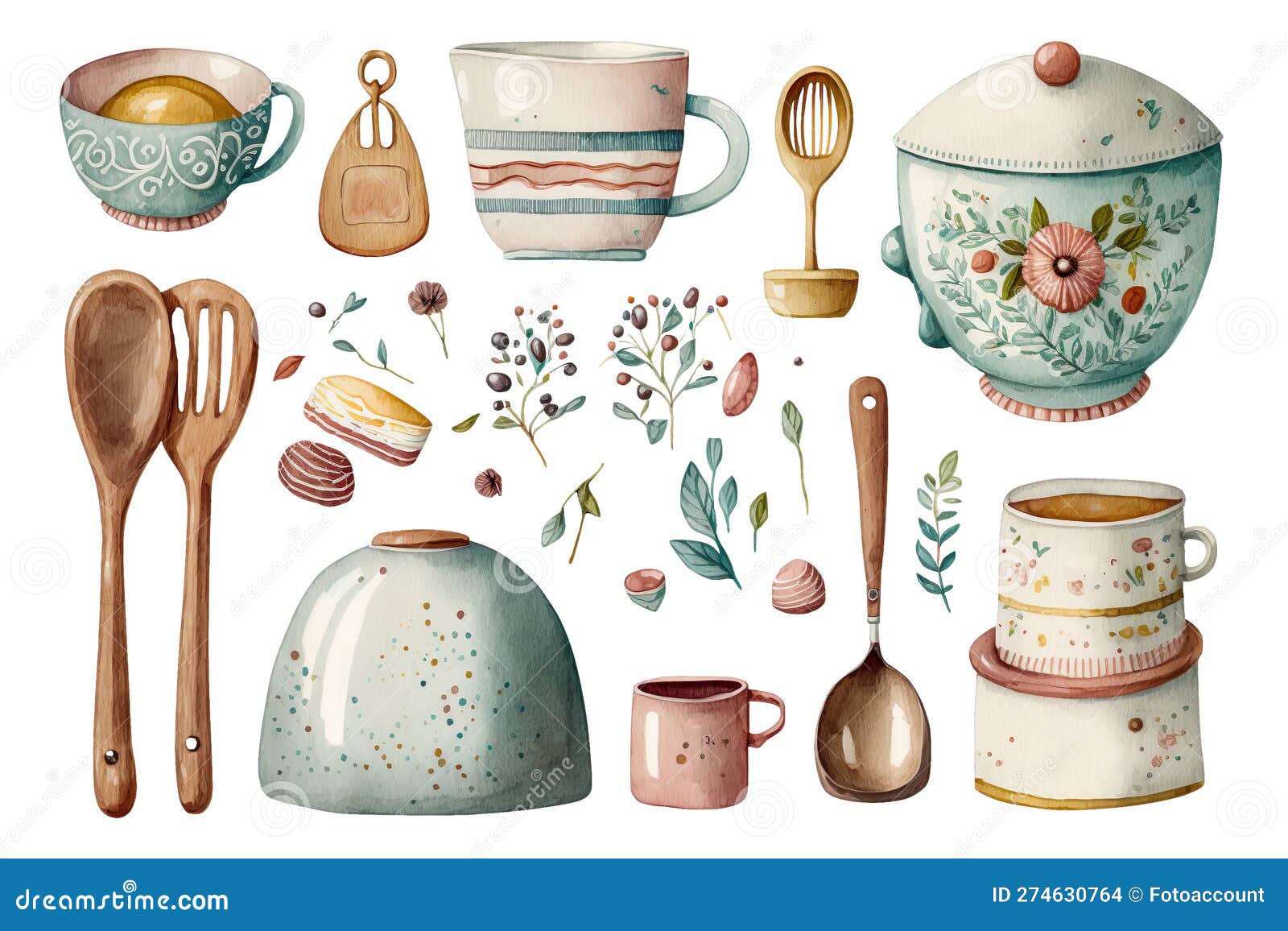 Different Isolated Kitchen Pottery Watercolor Collection - Generative ...