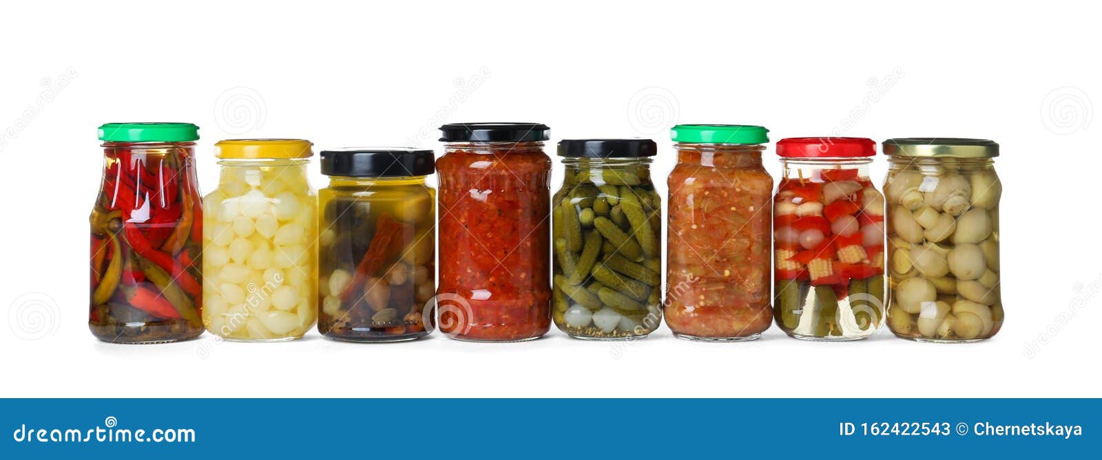 Different Jars with Pickled Vegetables on Background Stock Image ...