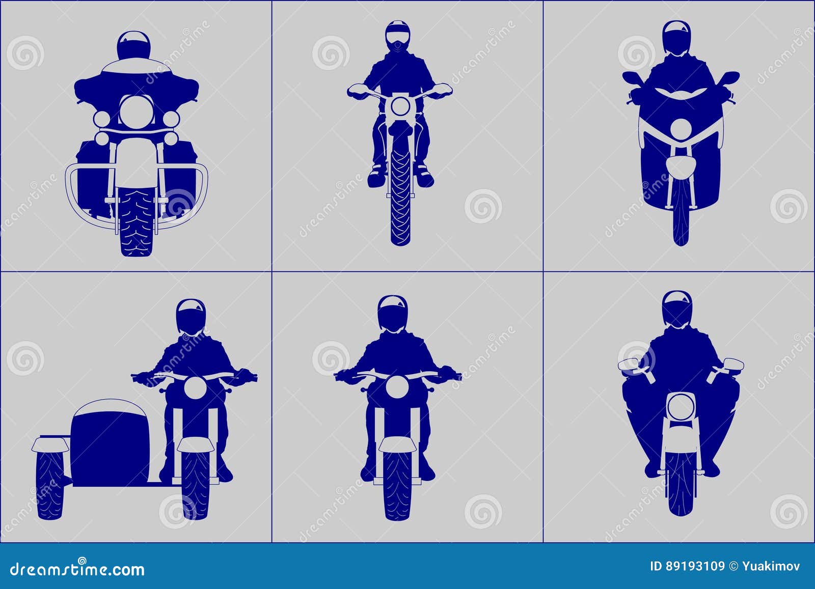 Different Kind Motorcycle with Riders Front View Icon Set Stock Vector ...