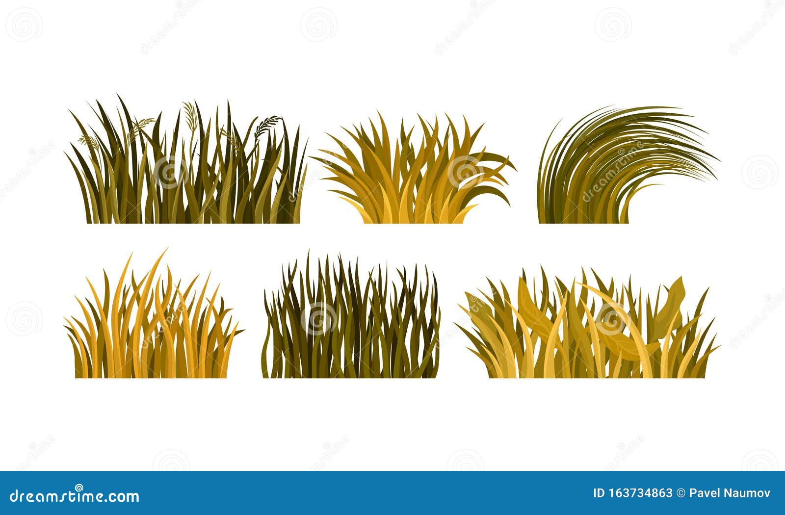 Different Kind Of Yellow And Brown Autumn Grass Tufts Vector Illustration Set Stock Vector