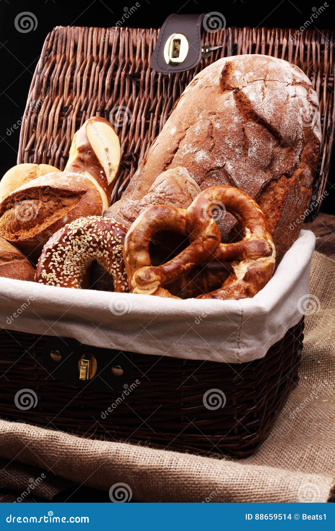 Different Kinds of Bread and Bread Rolls on Board from Above. Kitchen ...
