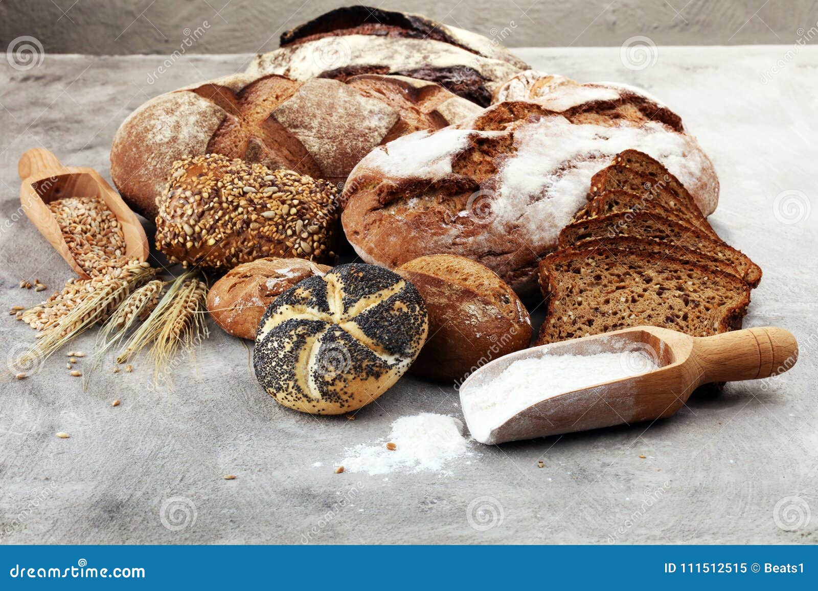 Different Kinds of Bread and Bread Rolls. Kitchen or Bakery Post Stock ...