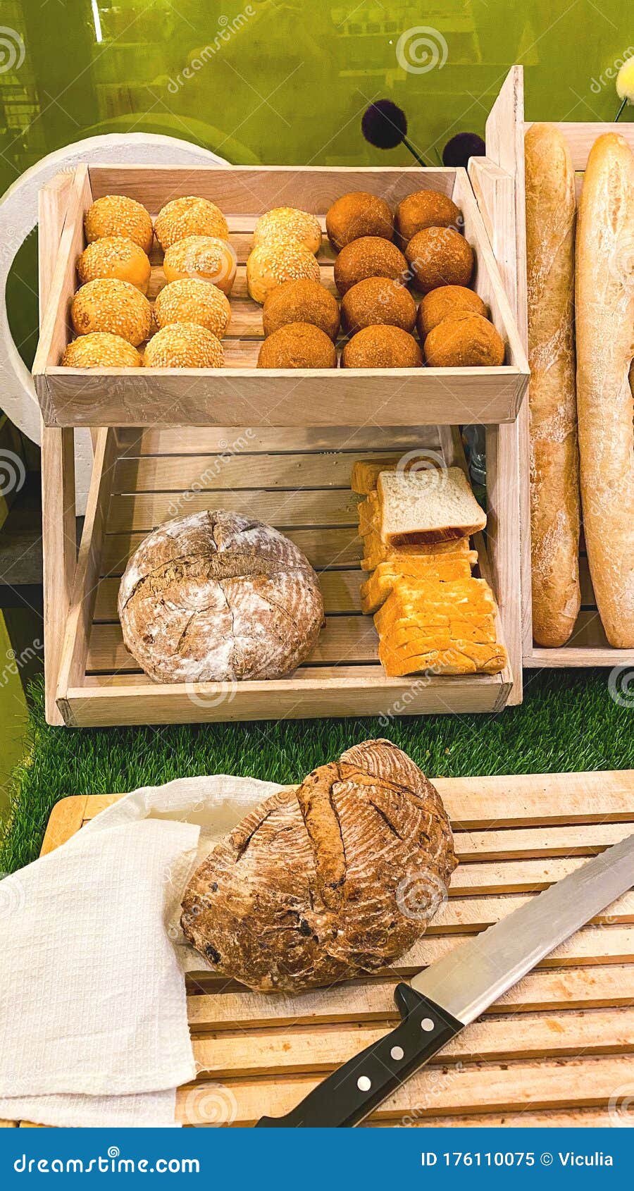 Different Kinds of Bread on the Counter in the Bakery Shop. Fresh Bread ...