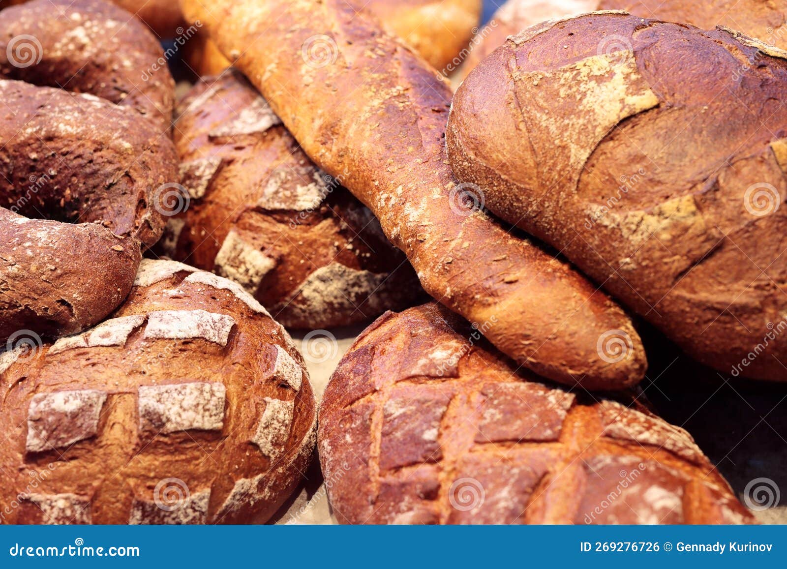 Different Kinds of Bread Loaves on Bakery Counter Stock Photo - Image ...
