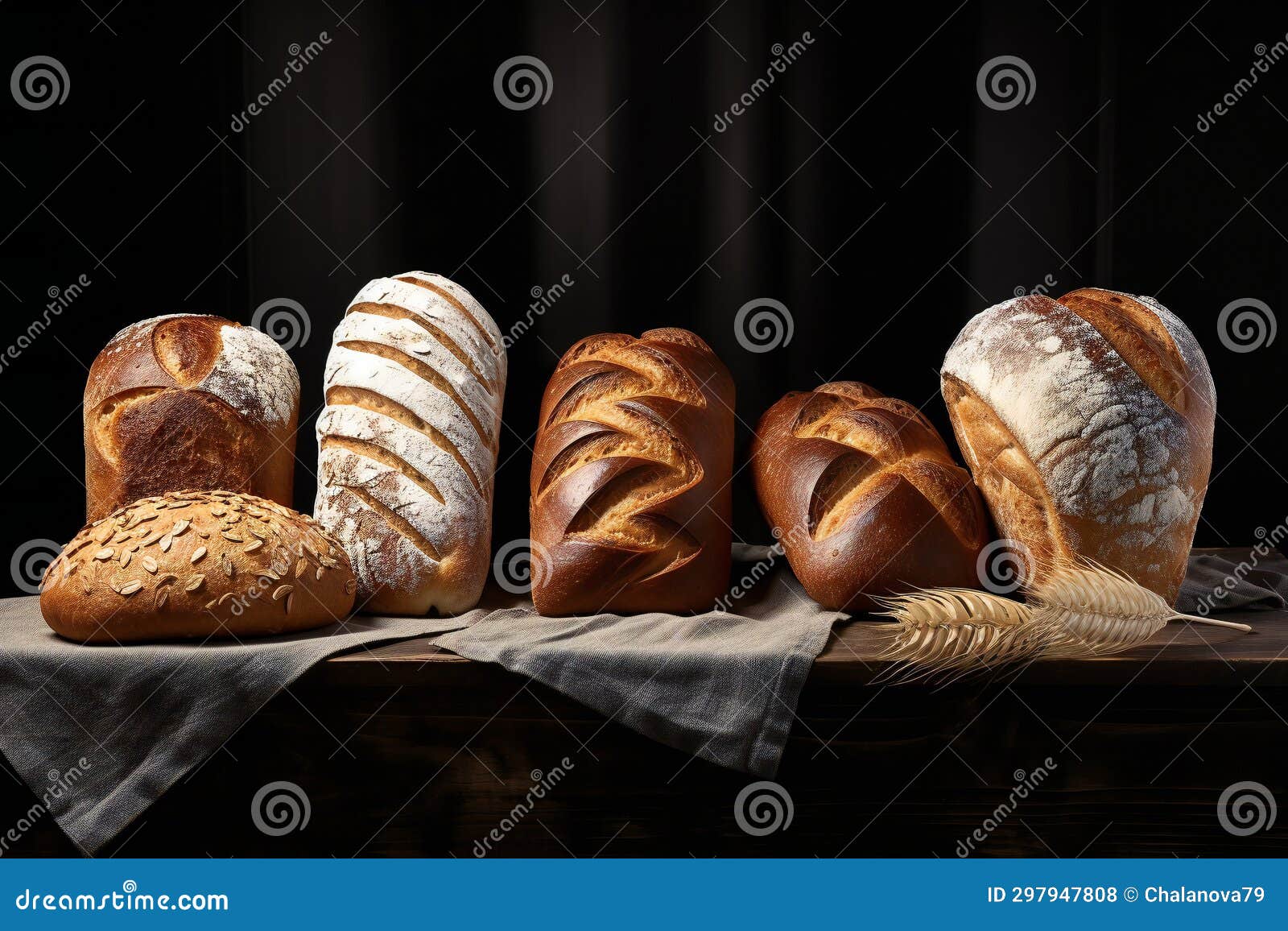 Different Kinds of Bread Rolls on Black Board Side View. Kitchen or ...