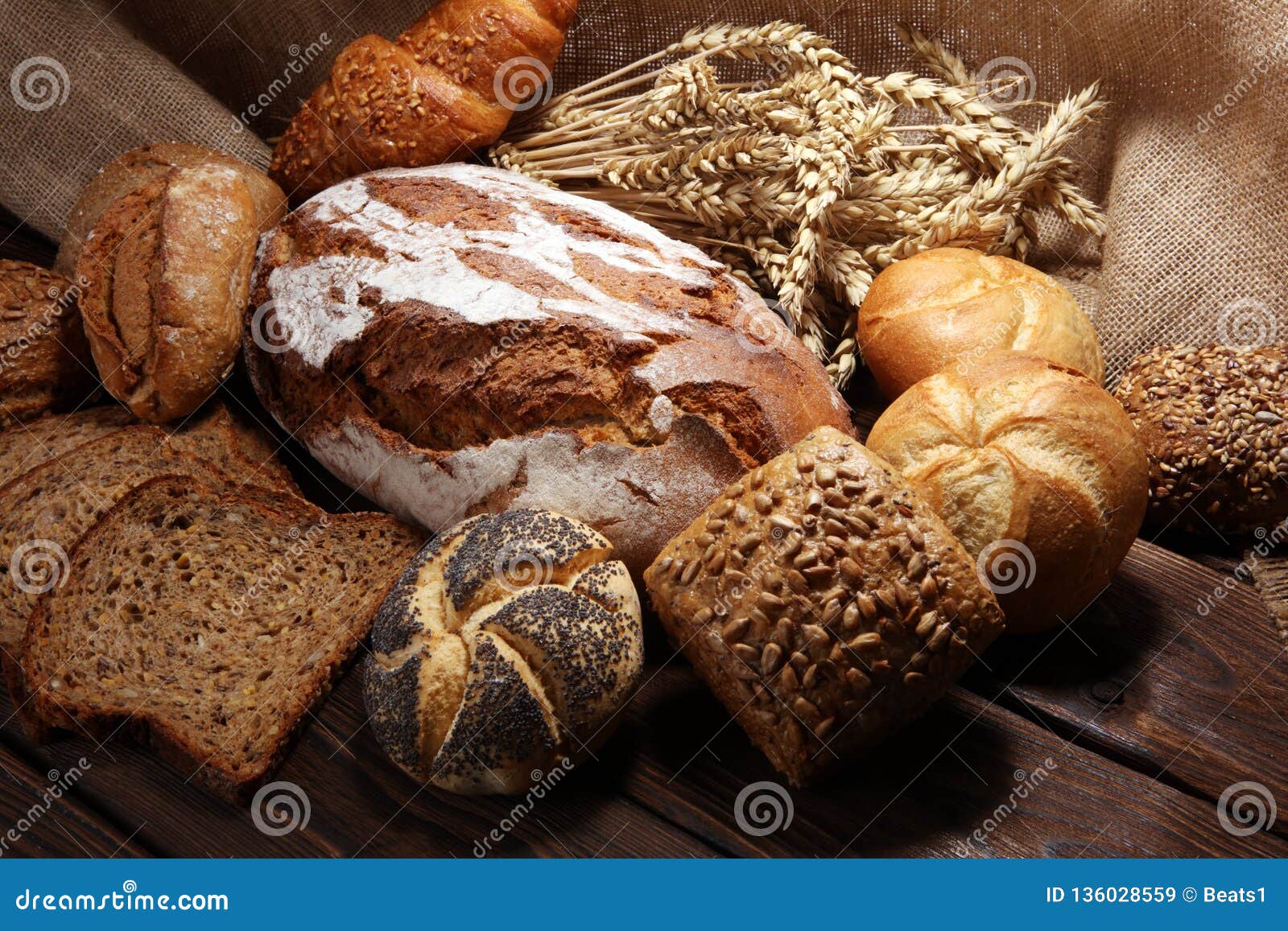 Different Kinds of Bread and Bread Rolls on Board from Above Stock ...