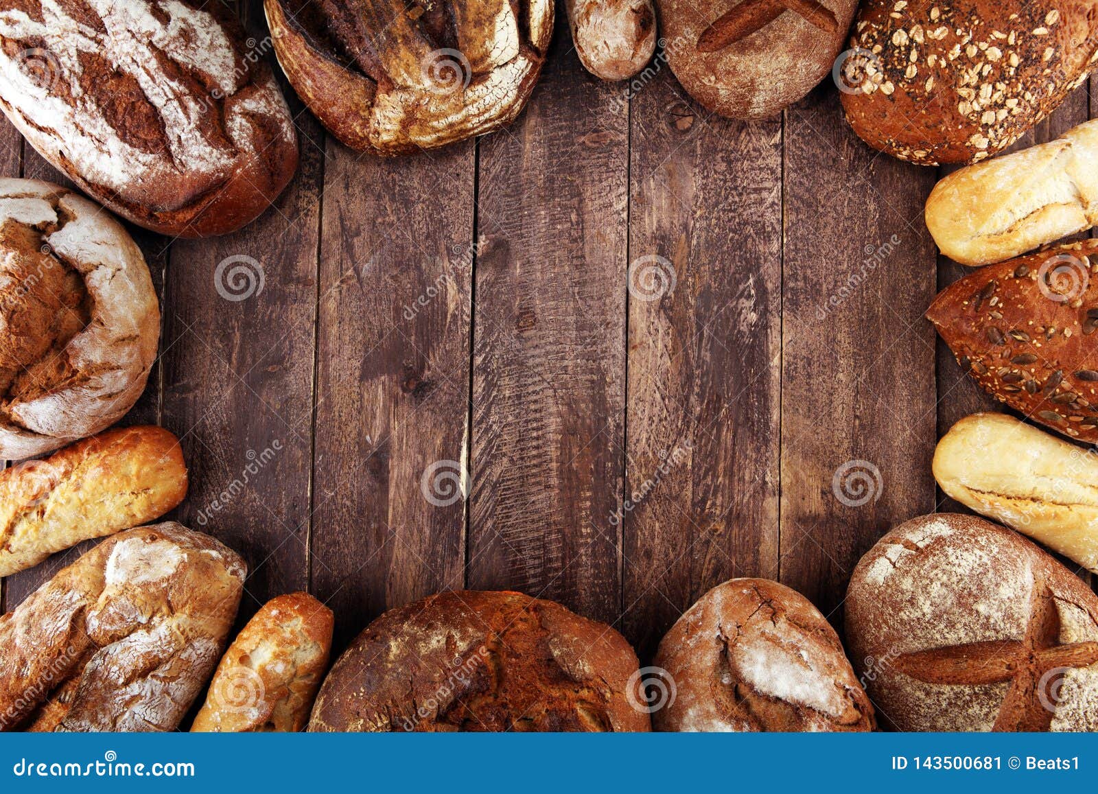 Different Kinds of Bread and Bread Rolls on Board from Above. Kitchen ...