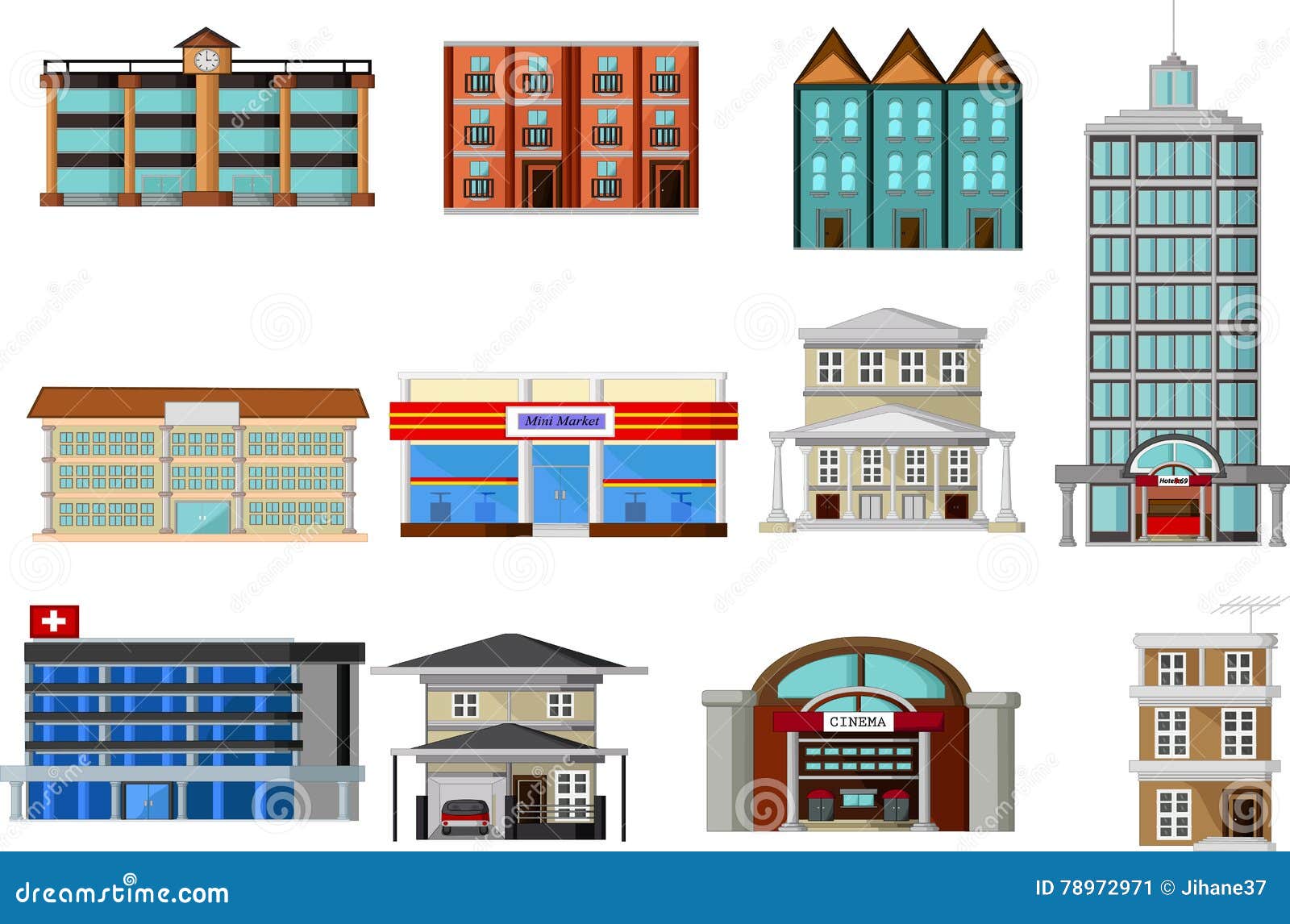 Different Kinds of Buildings Cartoon Stock Illustration - Illustration ...