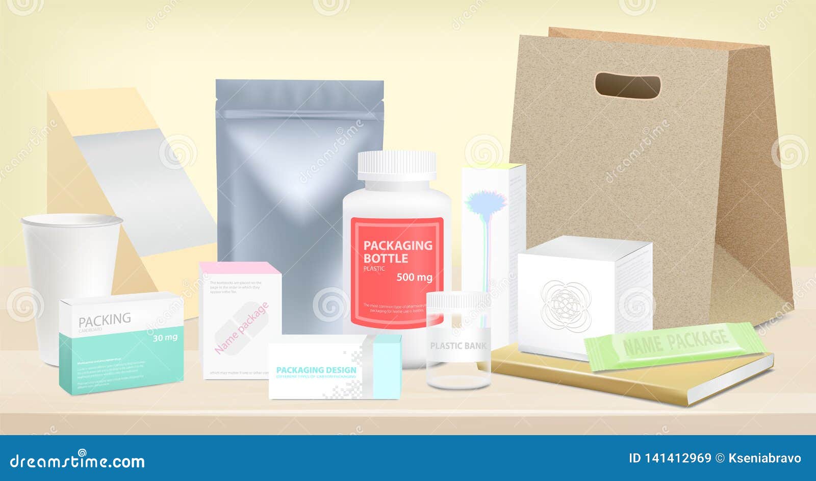 Different Kinds of Packaging on Wooden Table, Background. Vector ...