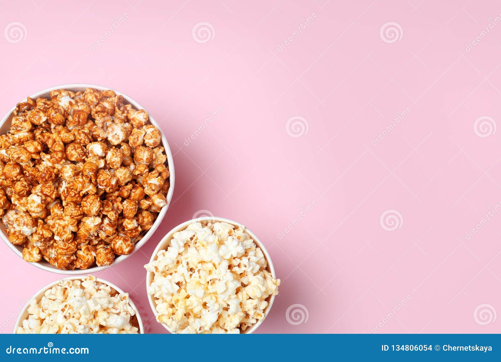 Different Kinds of Popcorn on Color Background, Top View. Stock Photo ...