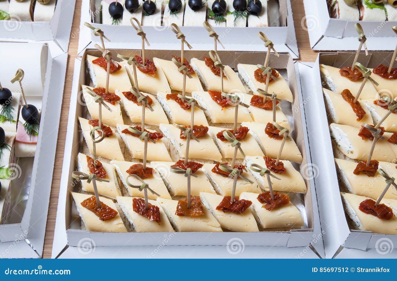 Different Kinds of Snacks Canape on Skewers. Selective Focus Stock ...