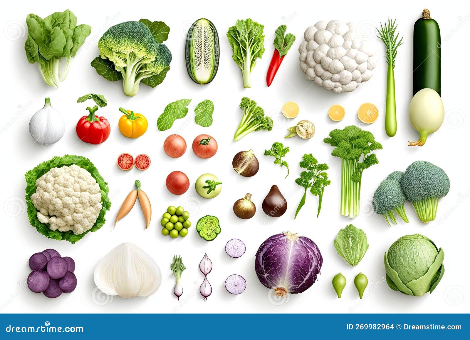Different Kinds of Vegetables on White, Top View Stock Illustration ...