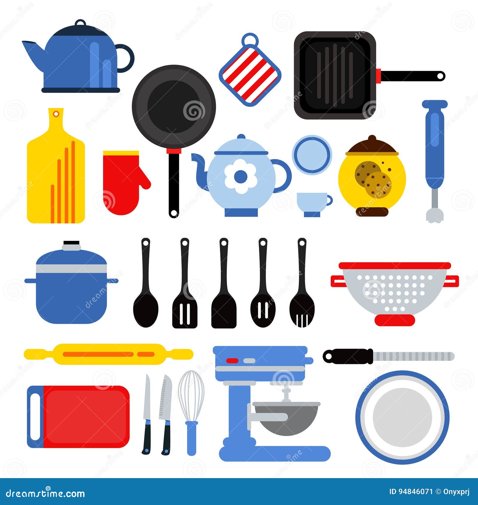 Different Kitchen Tools Set Isolated on White. Vector Illustrations in ...