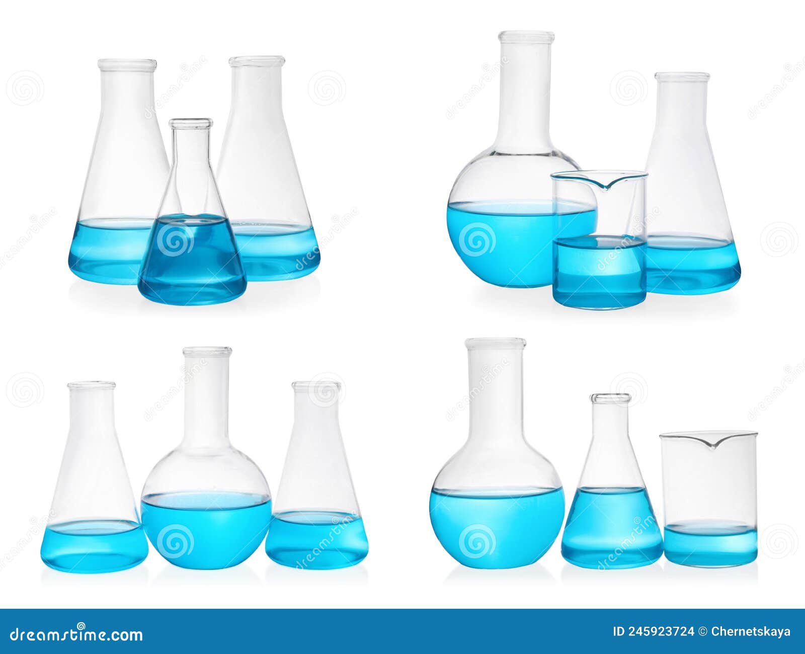Different Laboratory Glassware With Light Blue Samples On White ...