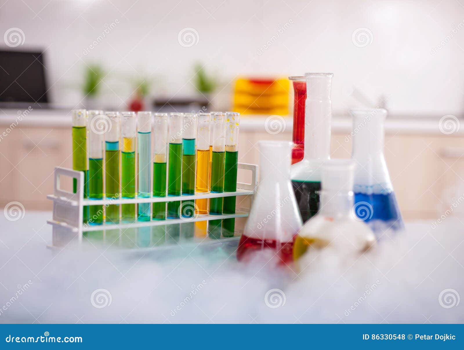 Group of Flask on a Lab Table Stock Photo - Image of medical, discovery ...