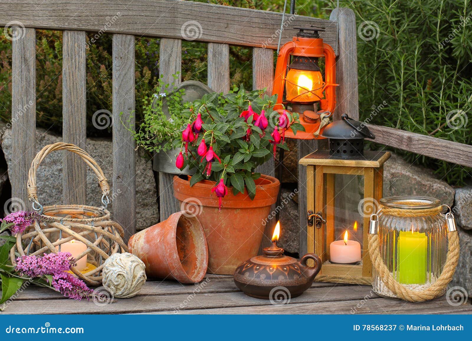 Different Lantern on Wooden Bench Stock Image - Image of bush, fuchsia ...