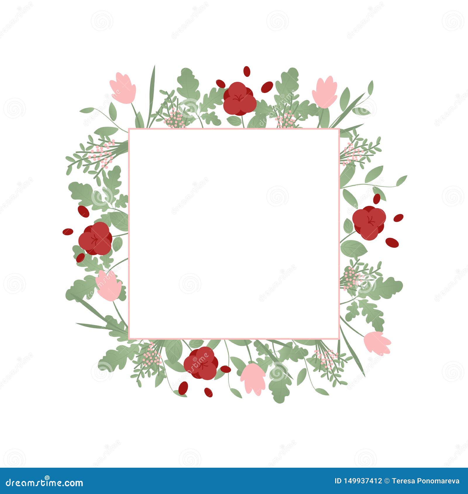 Different Leaves, Plants and Flowers Around the Square Frame. Vector ...