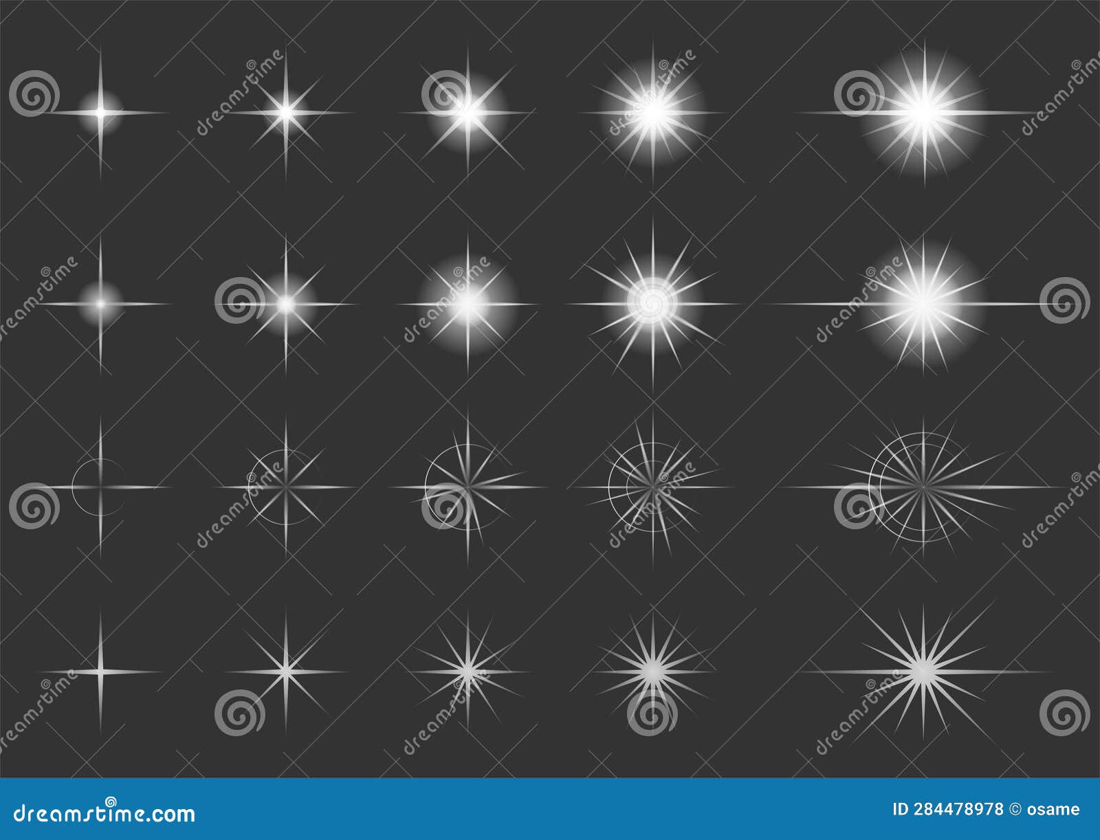 20 Different Light Illustrations. Shining Light on Black Background ...