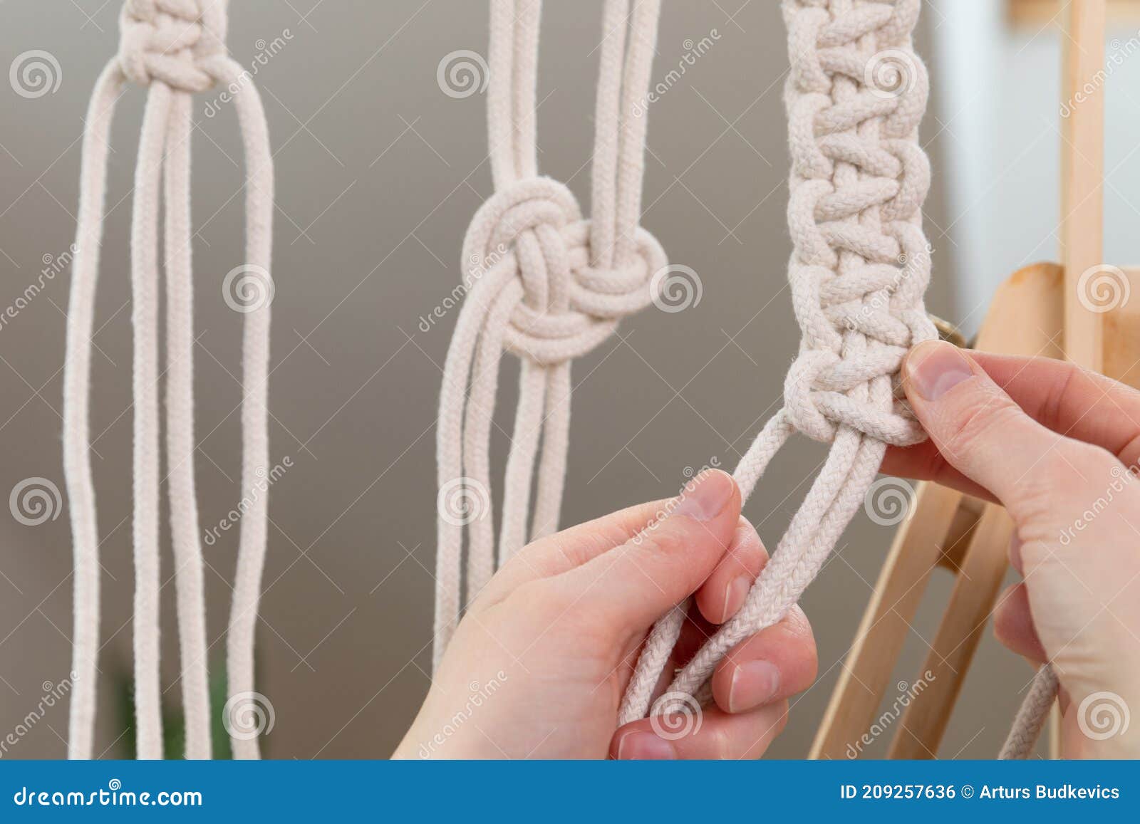 Different Macrame Knots. Woman Making Macrame at Home Stock Photo ...