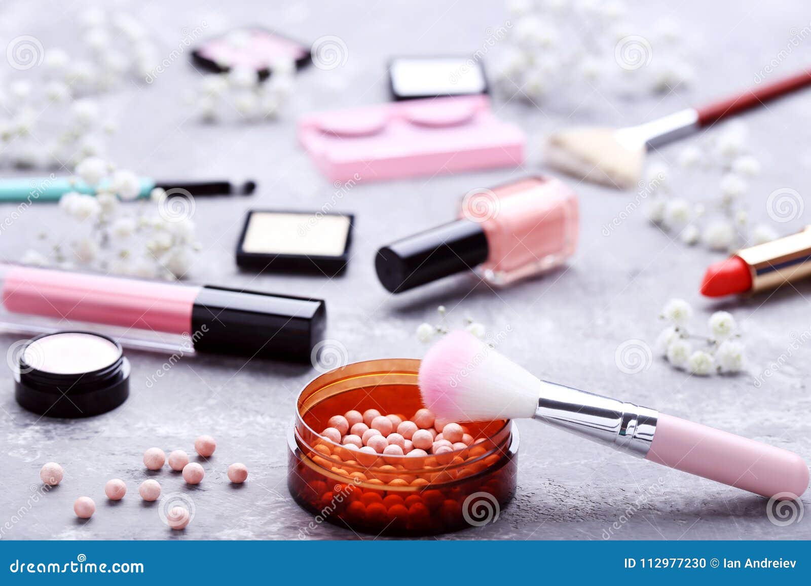 Different makeup cosmetics stock photo. Image of flower - 112977230