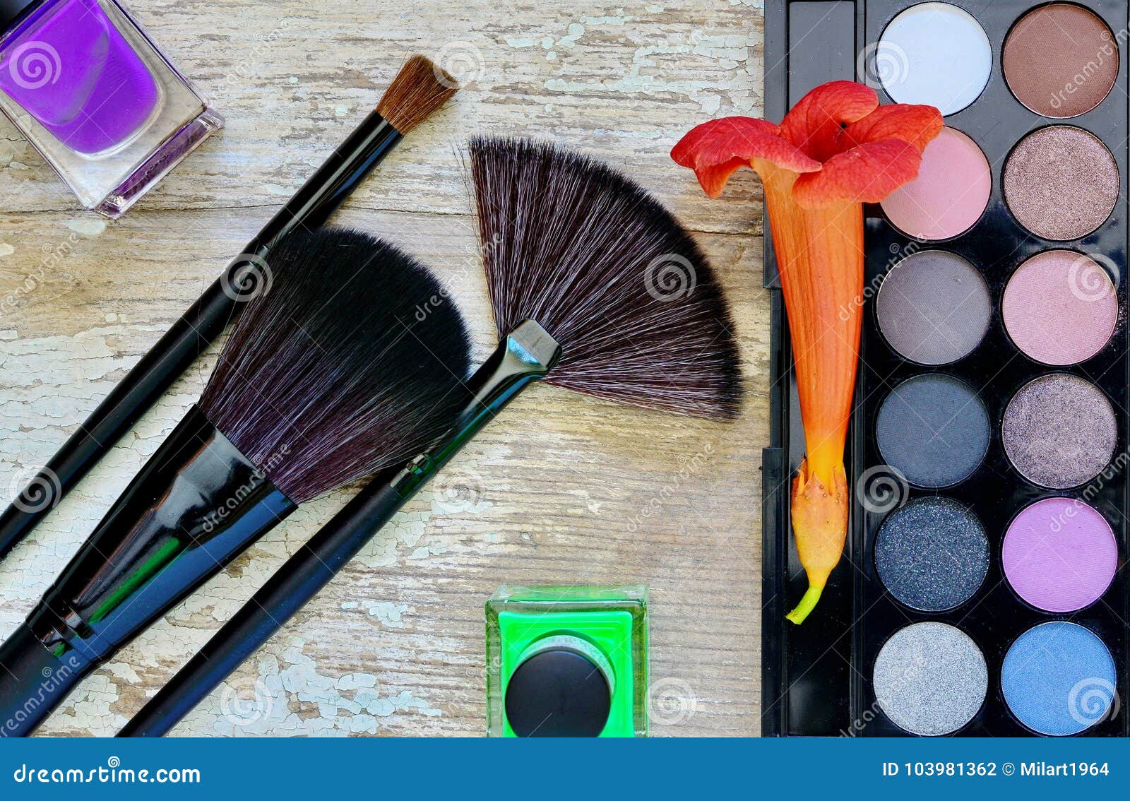 Different Makeup Cosmetics on Rustic White Wooden Table. Stock Photo ...