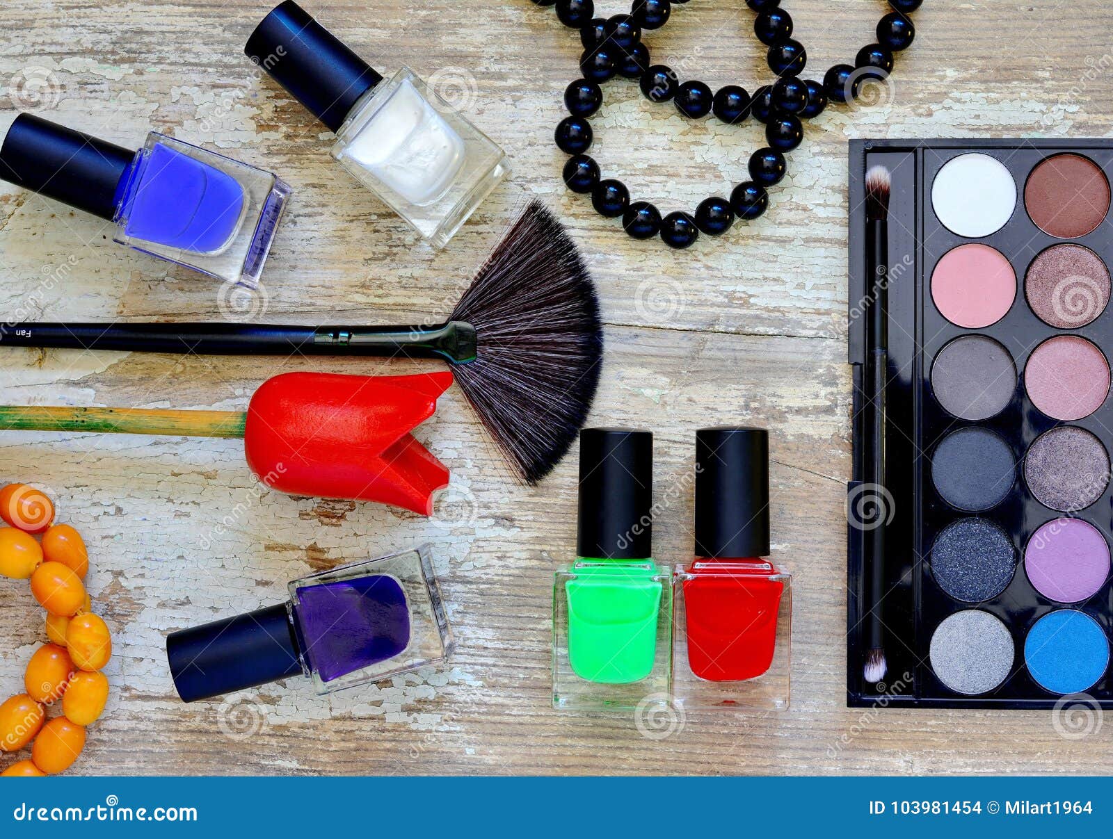 Different Makeup Cosmetics on Rustic White Wooden Table. Stock Photo ...