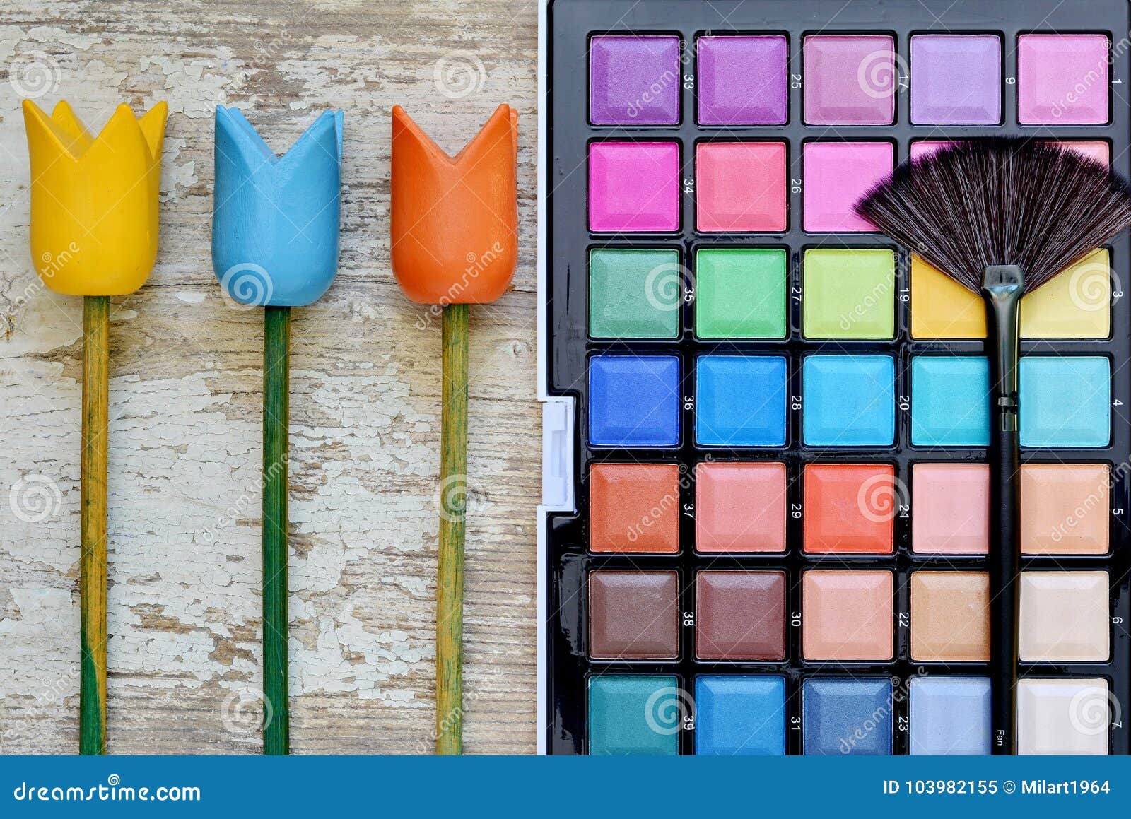 Different Makeup Cosmetics on Rustic White Wooden Table. Stock Image ...